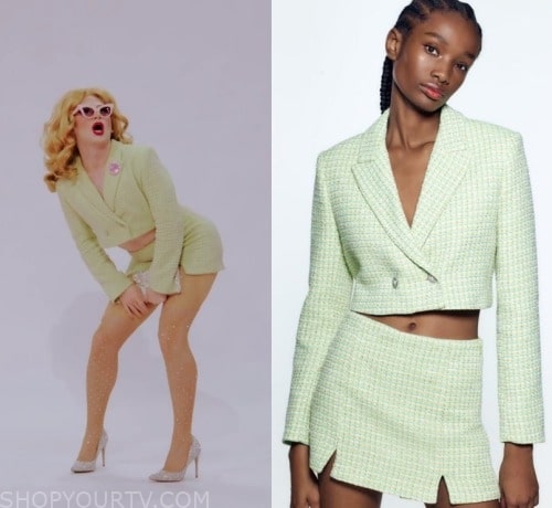 Rupauls Drag Race Season 16 Episode 5 Plasmas Green Tweed Blazer Set